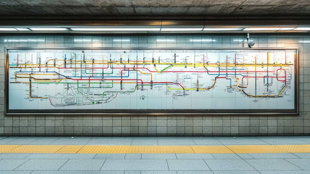 A Subway Map Displayed on a Wall with Transit Routes Stock Illustration ...
