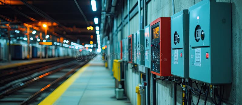 Nighttime Subway Platform with Control Panels Stock Illustration ...
