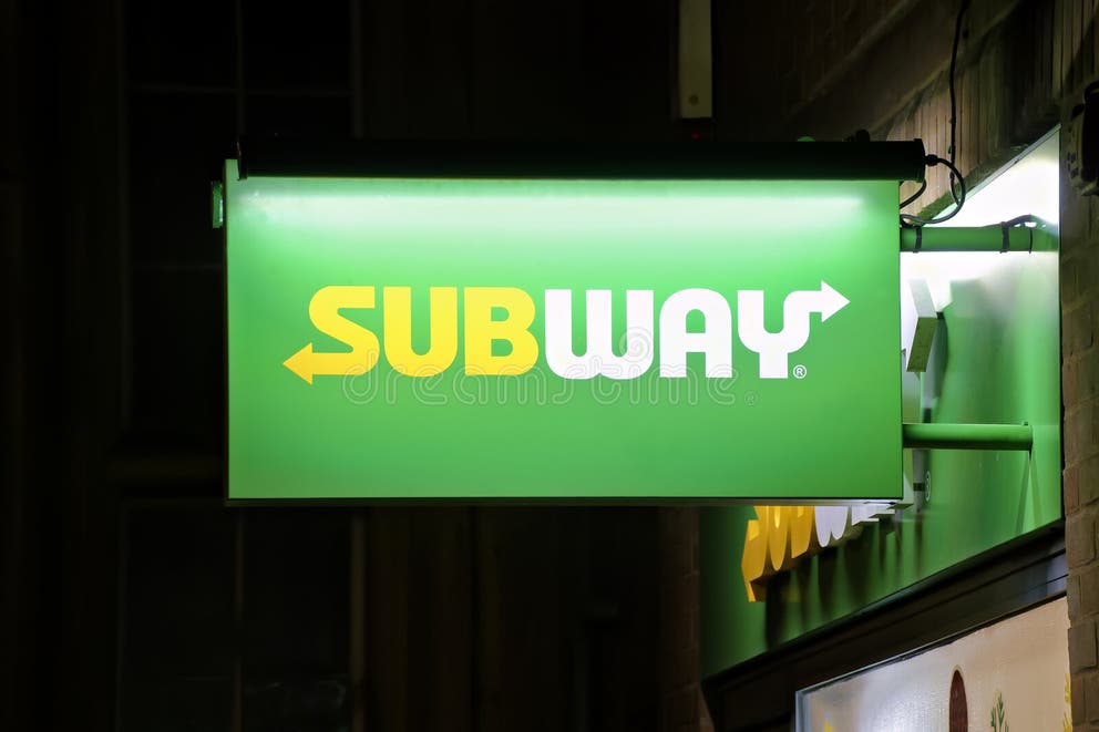 An Illuminated Subway Fast Food Sandwich Restaurant Store Sign at Night ...