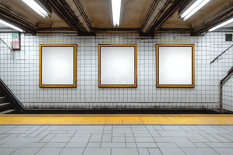 Subway Station Blank Advertisement Mockup Three Golden Framed Posters ...