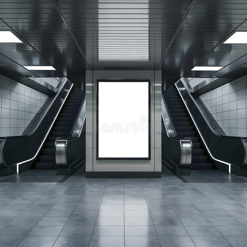 Subway Station, Blank Illuminated Board, Escalators, Modern, Clean ...