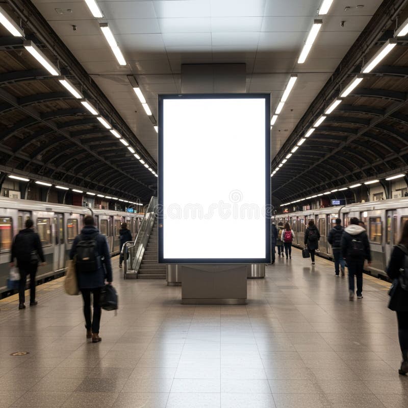 Subway Station with a Central Illuminated Advertisement Panel. Tile ...