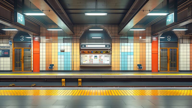 Subway Station, Flat Design, Front View, Underground Theme, 3D Render, Split-complementary Color ...