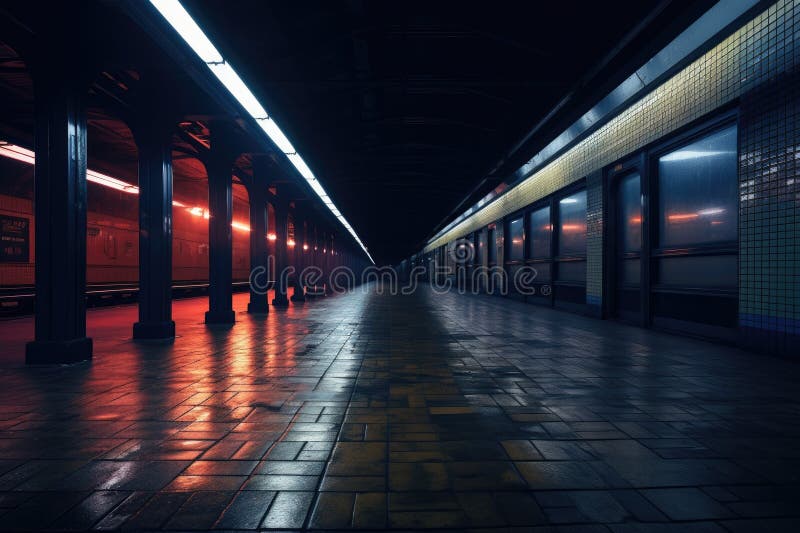 A Subway Station Illuminated by Red Lights in the Darkness of the Night ...