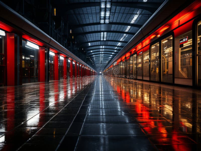 A Subway Station at Night with Red Lights Stock Illustration ...