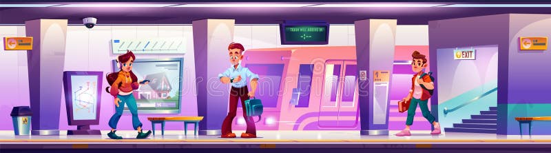 Subway Station Platform with Cartoon Passengers Stock Vector ...