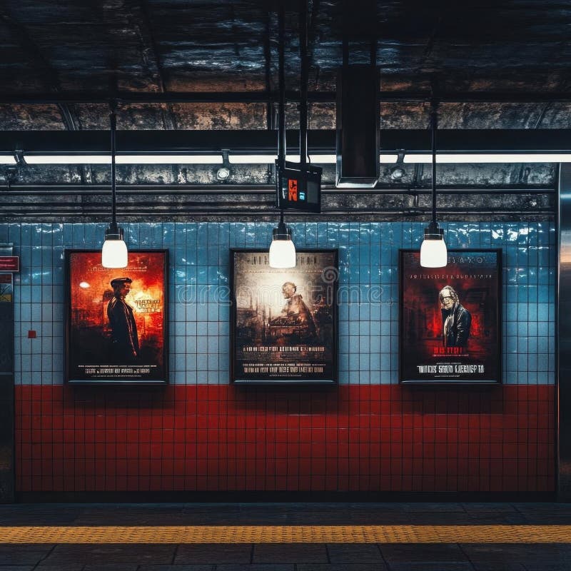 Subway Station Posters with Red and Blue Tiled Walls Stock Illustration ...
