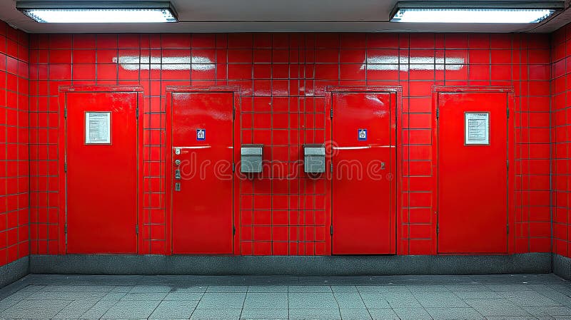 Subway Station Restroom Interior, Red Tiled Walls, Closed Doors, Empty ...