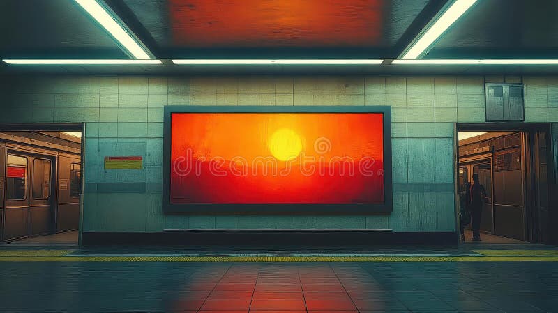 Subway Station with a Sunset Billboard, Awaiting the Arrival of the ...