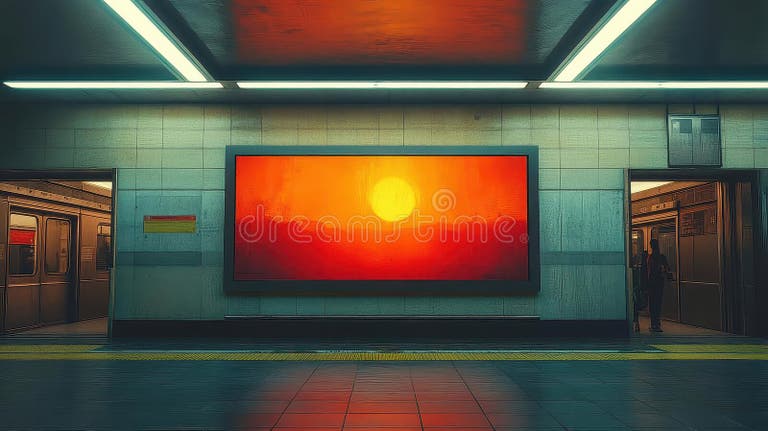 Subway Station with a Sunset Billboard, Awaiting the Arrival of the ...