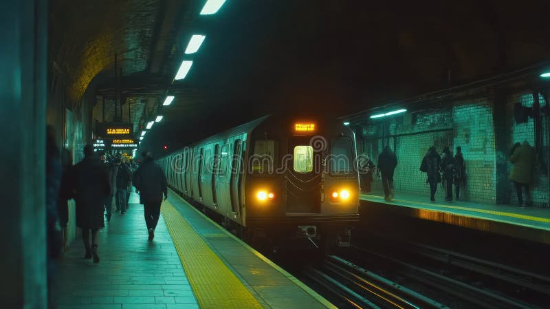 Subway Train Arriving at a Dimly Lit Platform Created Using AI Stock ...