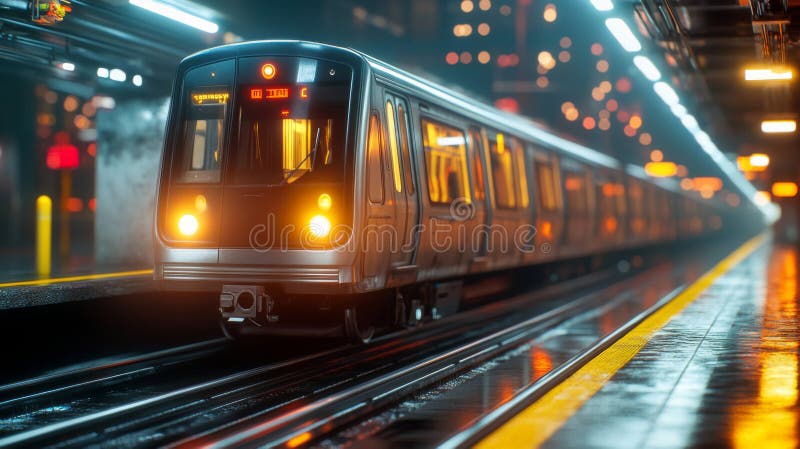 Subway Train Arriving at Night Station Platform Stock Illustration ...