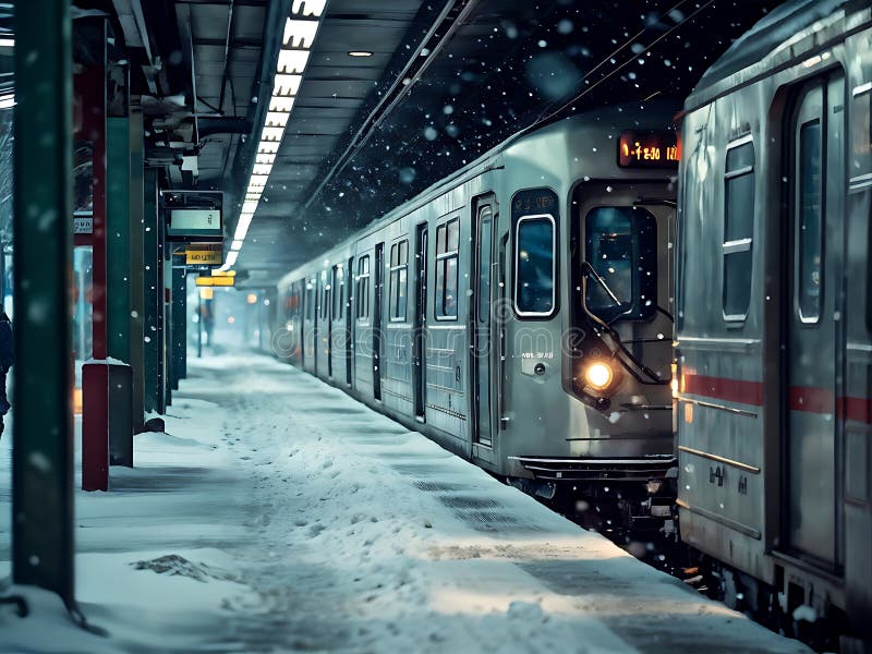 Subway Train Arriving at a Snowy Station Stock Illustration ...
