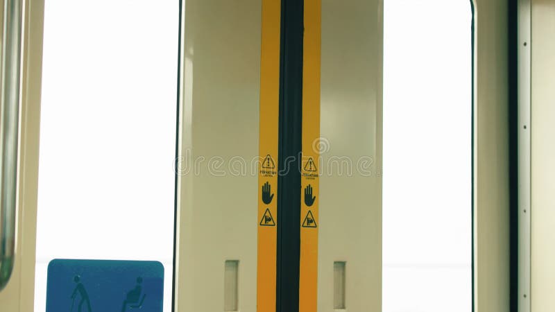 Subway Train Door with Warning Signs Stock Video - Video of items ...