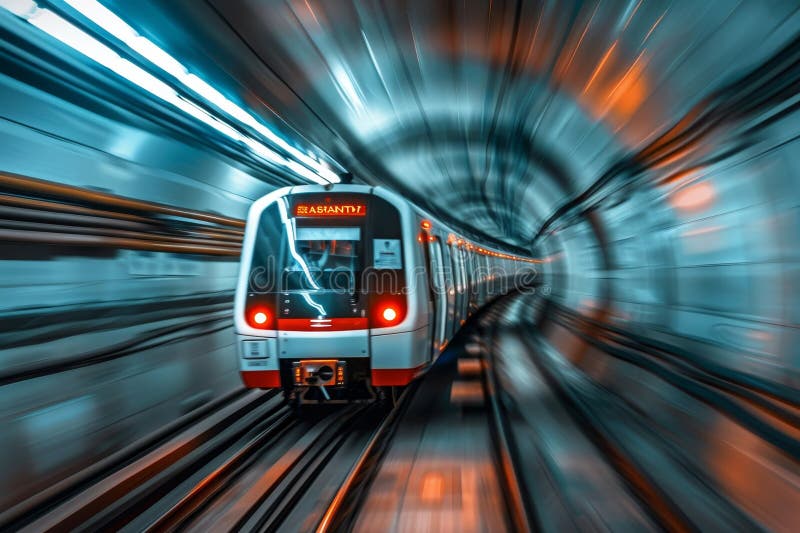 Subway Train with Dynamic Motion Blur Speeds through Underground Tunnel ...