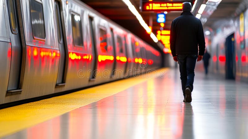 Subway Train Operator Walking on an Underground Platform Along a Modern ...
