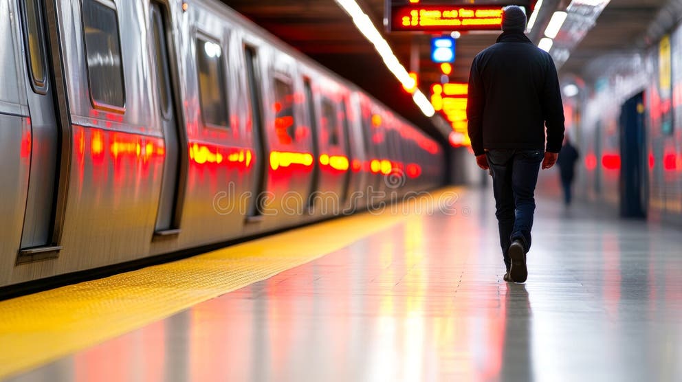 Subway Train Operator Walking on an Underground Platform Along a Modern ...