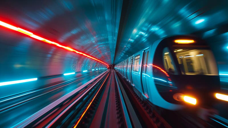 Subway Train Speeding through a Tunnel Illuminated by Blue and Red ...