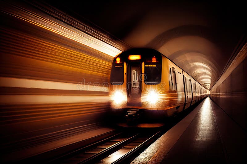Subway Train, Speeding through Underground Tunnel, with Lights and ...