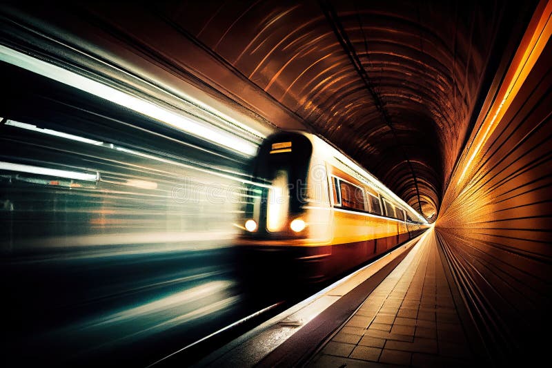 Subway Train, Speeding through Underground Tunnel, with Lights and ...