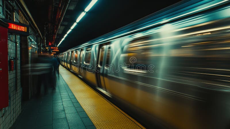 Subway Train Travels through Station As Passengers Walk Along the ...