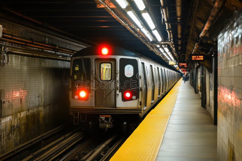 A Subway Train is in a Tunnel with a Yellow Line on the Platform Stock ...