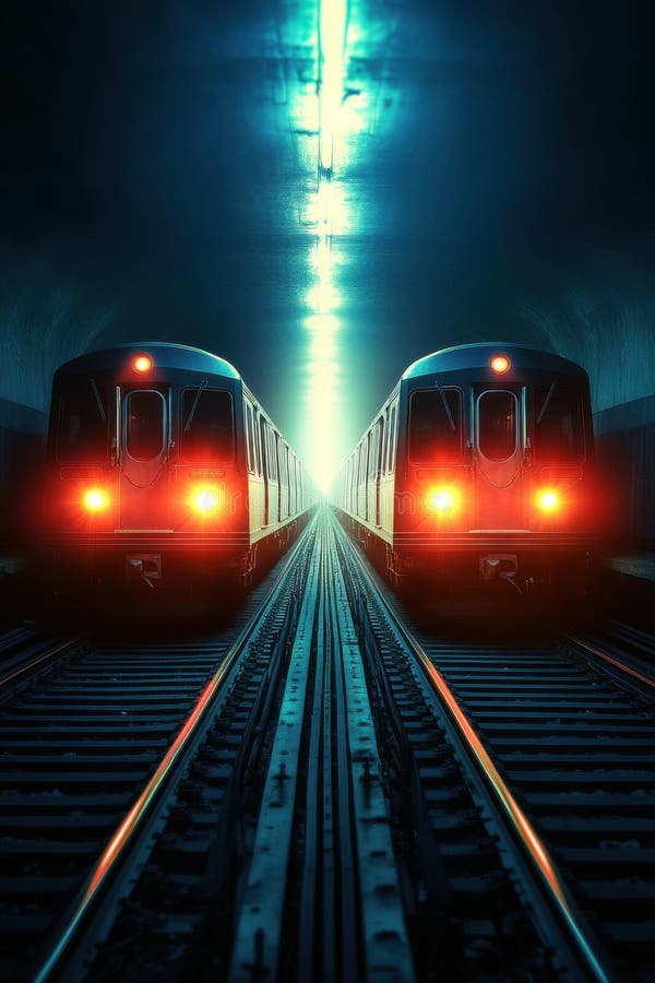 Subway Trains Approach Each Other in Dramatic Lighting, Highlighting a ...