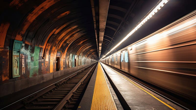 Subway Tunnel with Blurred Light Tracks with Arriving Train in the ...
