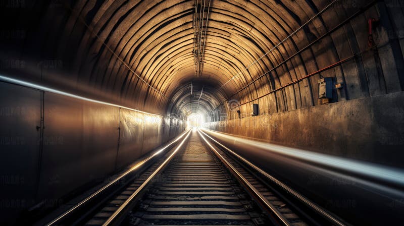 Subway Tunnel with Blurred Light Tracks with Arriving Train in the ...