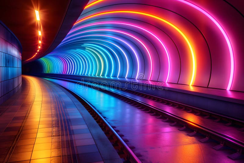 Subway Tunnel with Neon Lights at Night Generative AI Stock ...