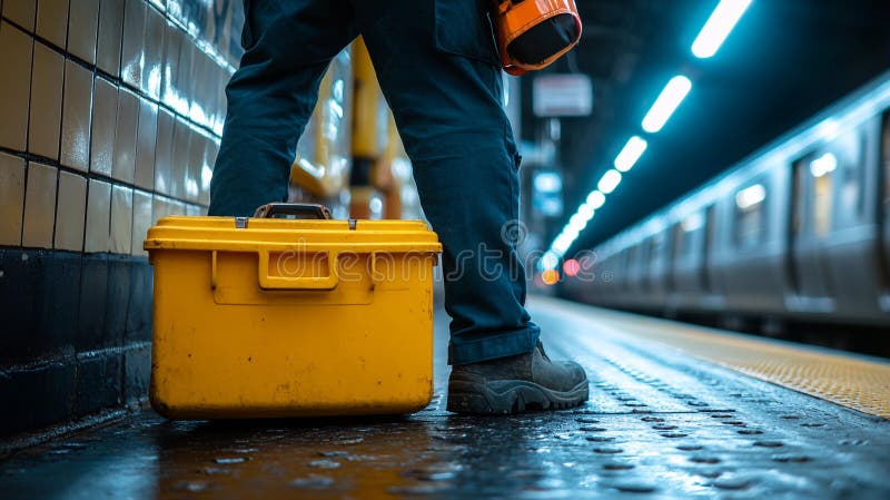 Subway Worker with Yellow Tool Box at Night Station Platform Stock ...
