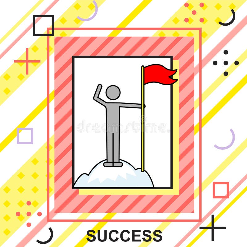 Success Banner Web Icon, Man with Flag Standing on Top of Mountain ...