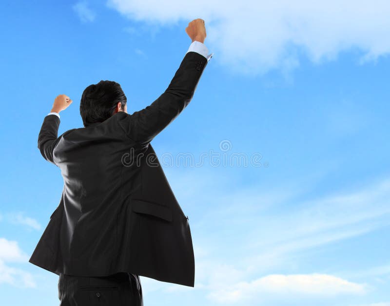 Success Business Man Raise His Hand Double Exposure Concept Stock Image ...