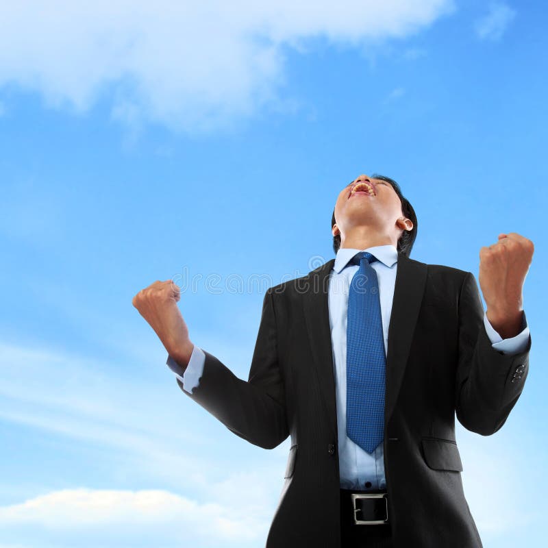 Success Business Man Raise His Hand Double Exposure Concept Stock Image ...