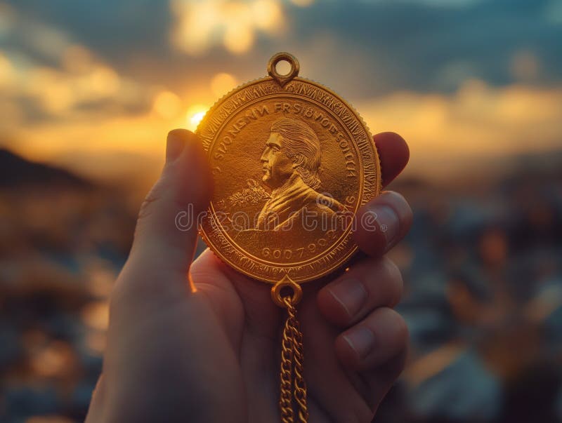 Success Concept, Hand Raises Gold Medal Against Sky Stock Image - Image ...