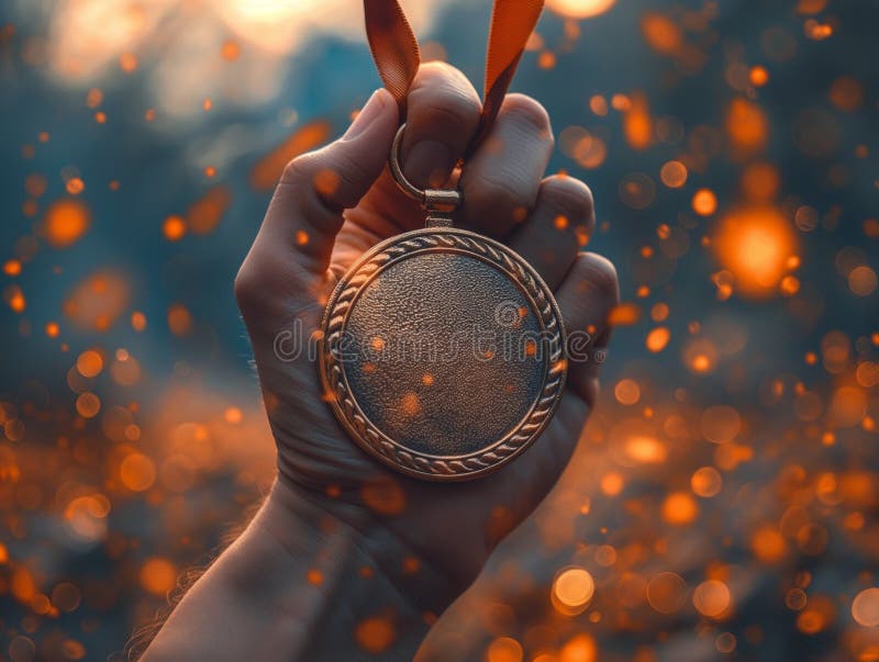 Success Concept, Hand Raises Gold Medal Against Sky Stock Photo - Image ...