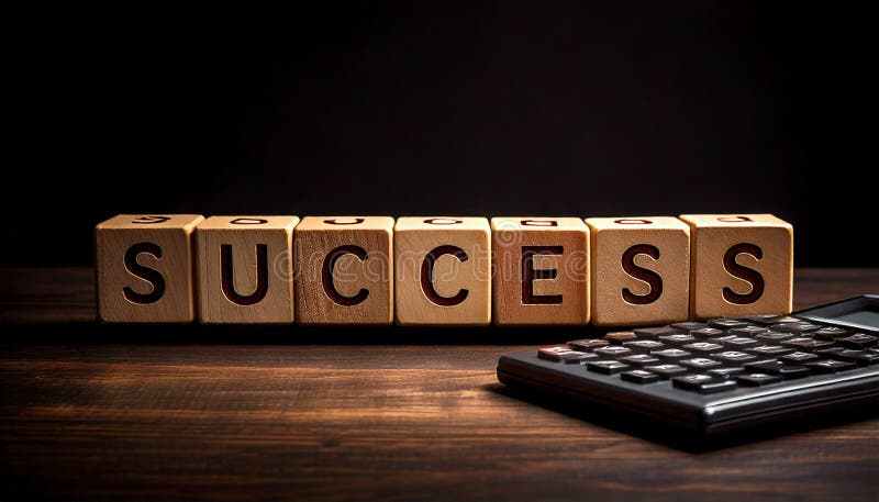 Success Concept with Wooden Blocks and Calculator on Wooden Surface ...