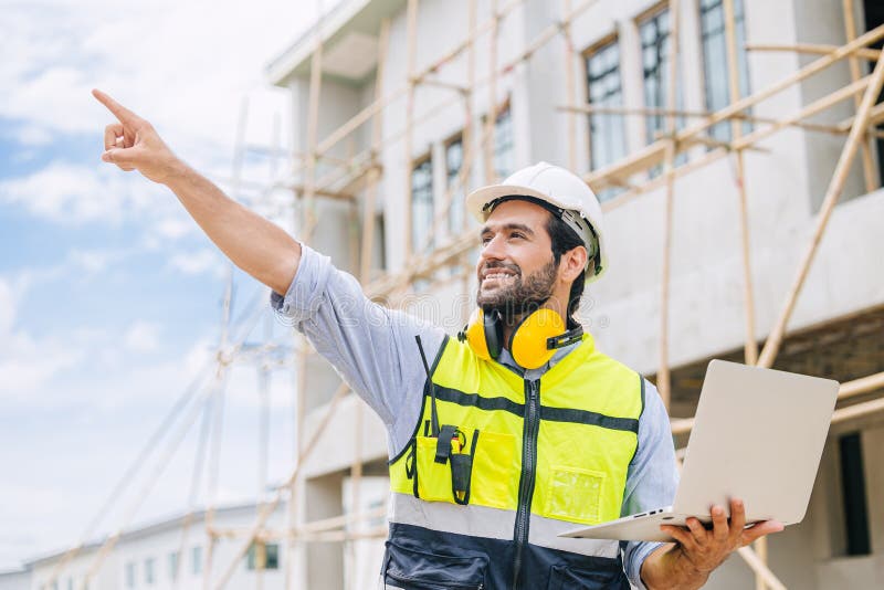 Success Engineer Smart Builder. Happy Foreman Work in Construction Site ...