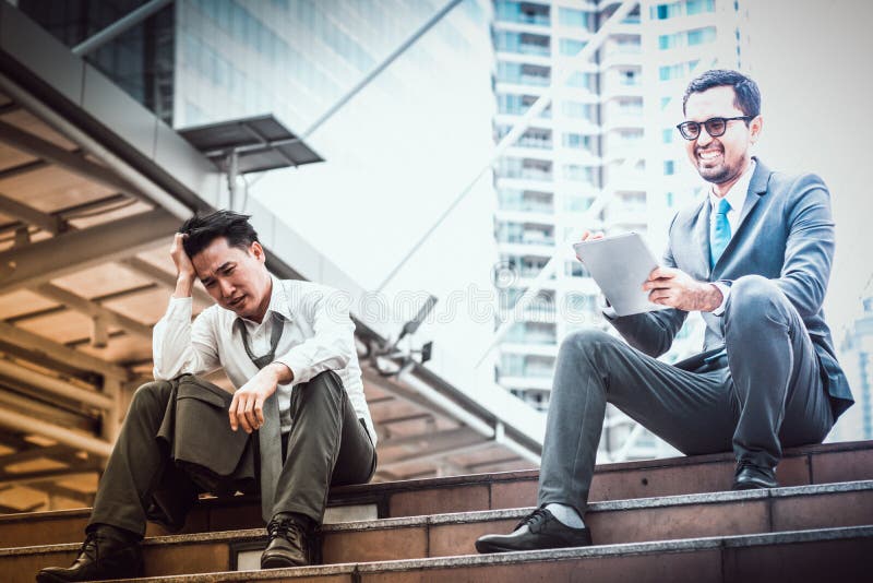 Sad Businessman with Suit Sitting at Stair Walk Way in City after ...