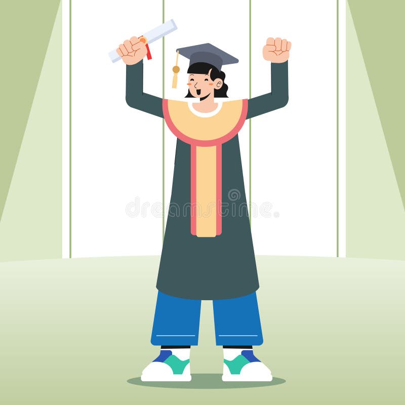 Success Girl Graduate Students Standing on Stage Flat Style Vector ...