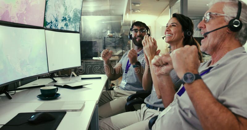 Success, Launch and Satellite with People in Control Room for Space ...