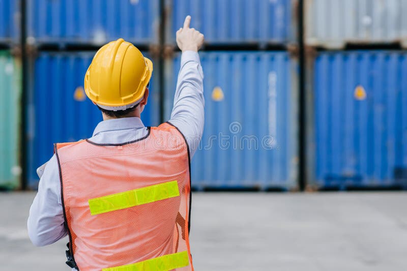 Success Male Worker Standing Hand Point High for Order Operate Control ...