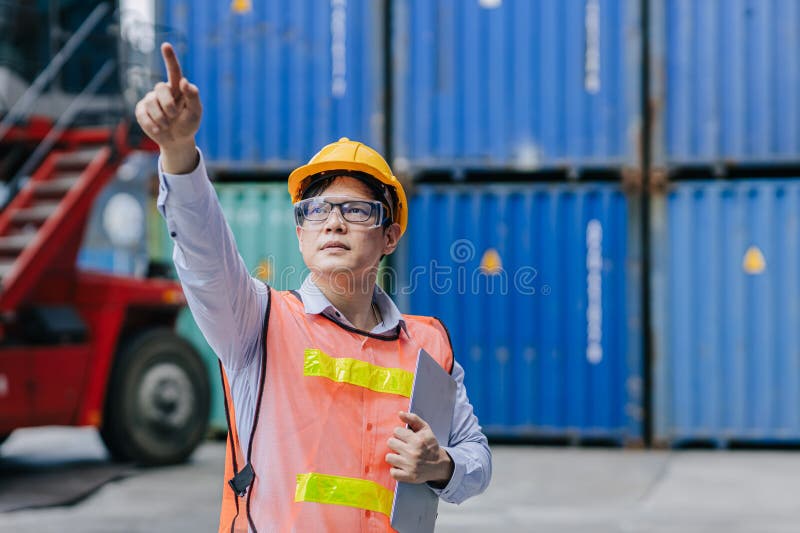 Success Male Worker Standing Hand Point High for Order Operate Control ...