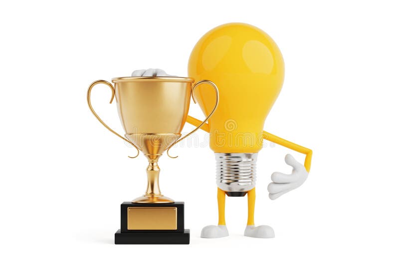 Success and Recognition Concept. Yellow Light Bulb Character Holding ...