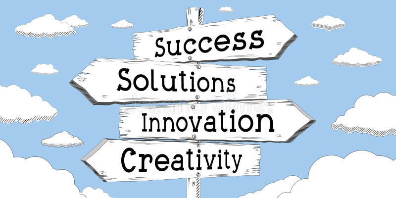 Success, Solutions, Innovation, Creativity - Outline Signpost with Four ... Success, Solutions, Innovation, Creativity - Outline Signpost with Four ...