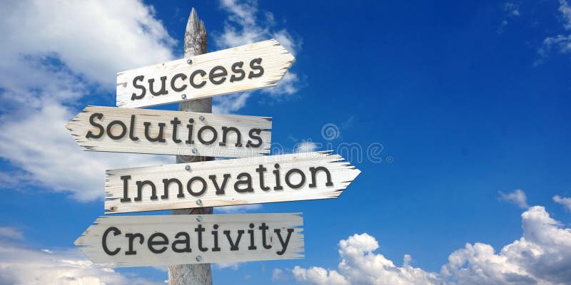 Success, Solutions, Innovation, Creativity - Wooden Signpost with Four ...