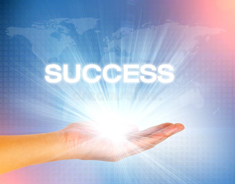 Success Text and Light in Hand on Blue Technology Background Stock ...