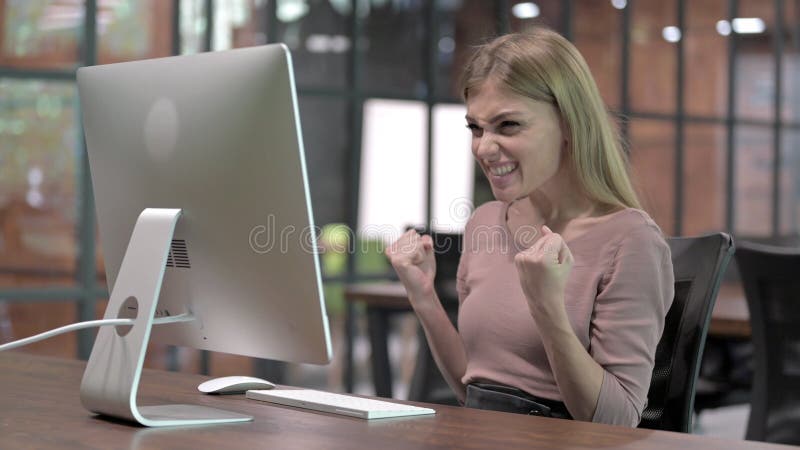 Success Woman Celebrating while Working on Computer Stock Photo - Image ...