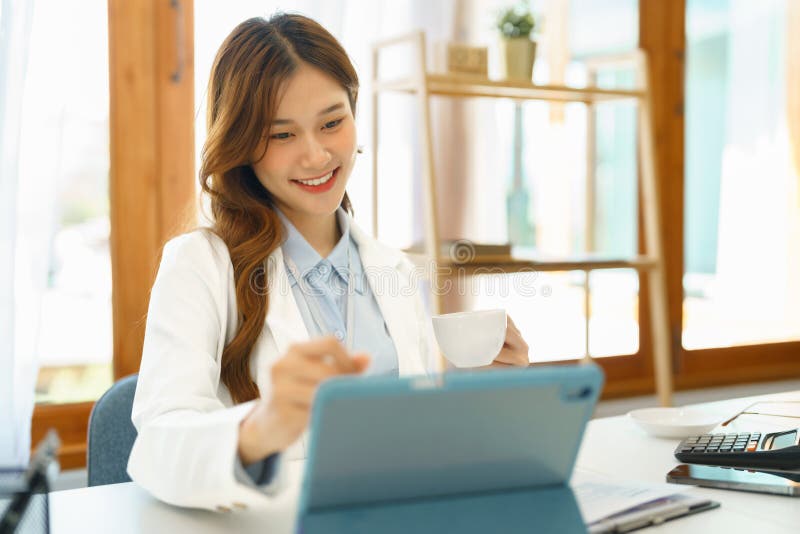 Successful Business Concept, Businesswoman Drinking Coffee and Taking ...