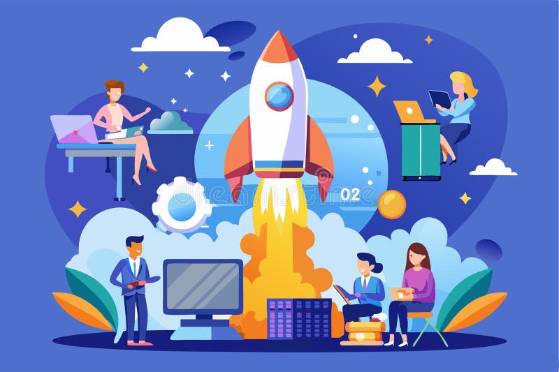 Successful Business Launch Illustrated with a Rocket in a Vibrant ...